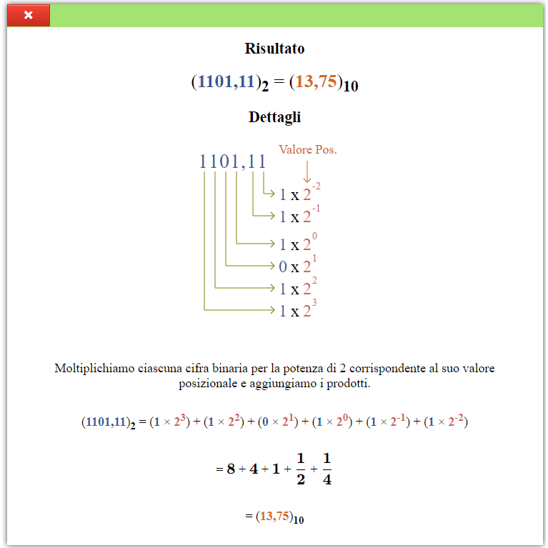 Convertitore da binario a decimale con passaggi